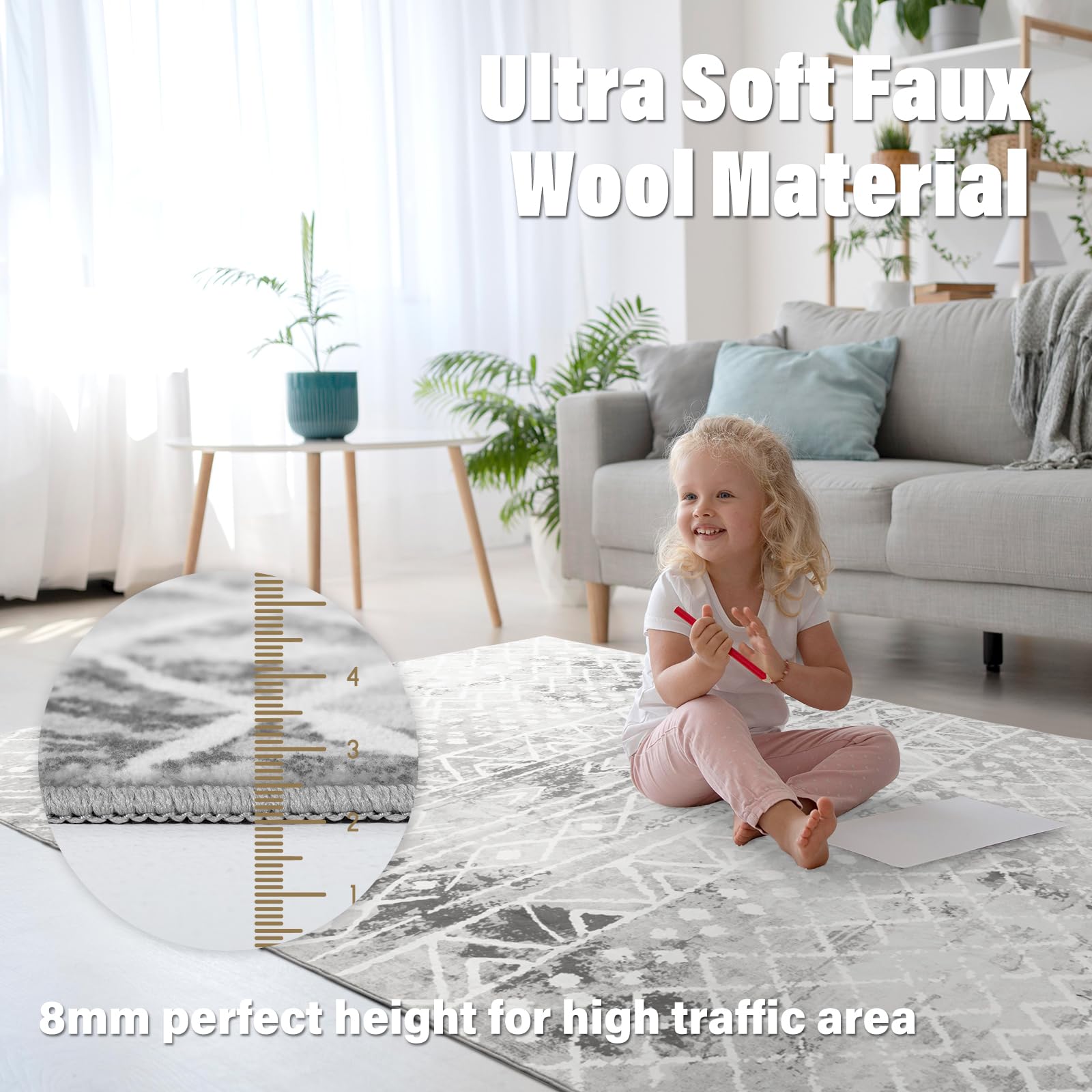 8x10 Washable Large Area Rug for Living Room Non Slip Boho Moroccan Bedroom Rug Indoor Farmhouse Geometric Floor Mat Soft Low Pile Woven Carpet for Classroom Office Under Dining Table(Gray)
