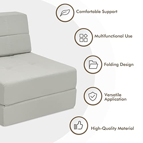COSTWAY Triple Fold Down Sofa Bed, 3-in-1 Fold Floor Couch Lounge Sleeper with Thick Cushion, Flock Fabric, Convertible Design, Portable Single Guest Bed Mattress for Living Room Bedroom (Grey)