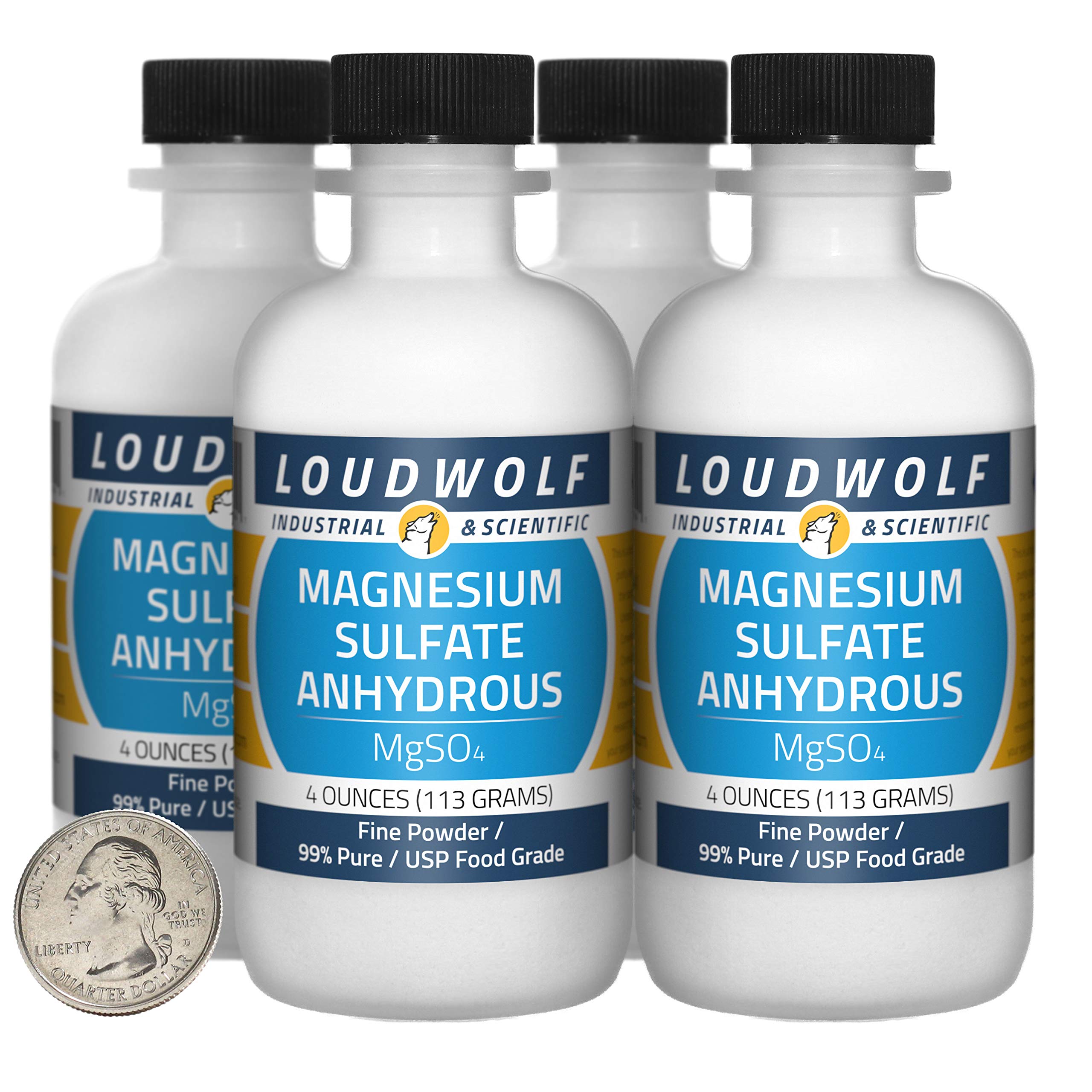 Magnesium Sulfate Anhydrous / 1 Pound / 4 Bottles / 99% Pure USP Food Grade/Fine Powder