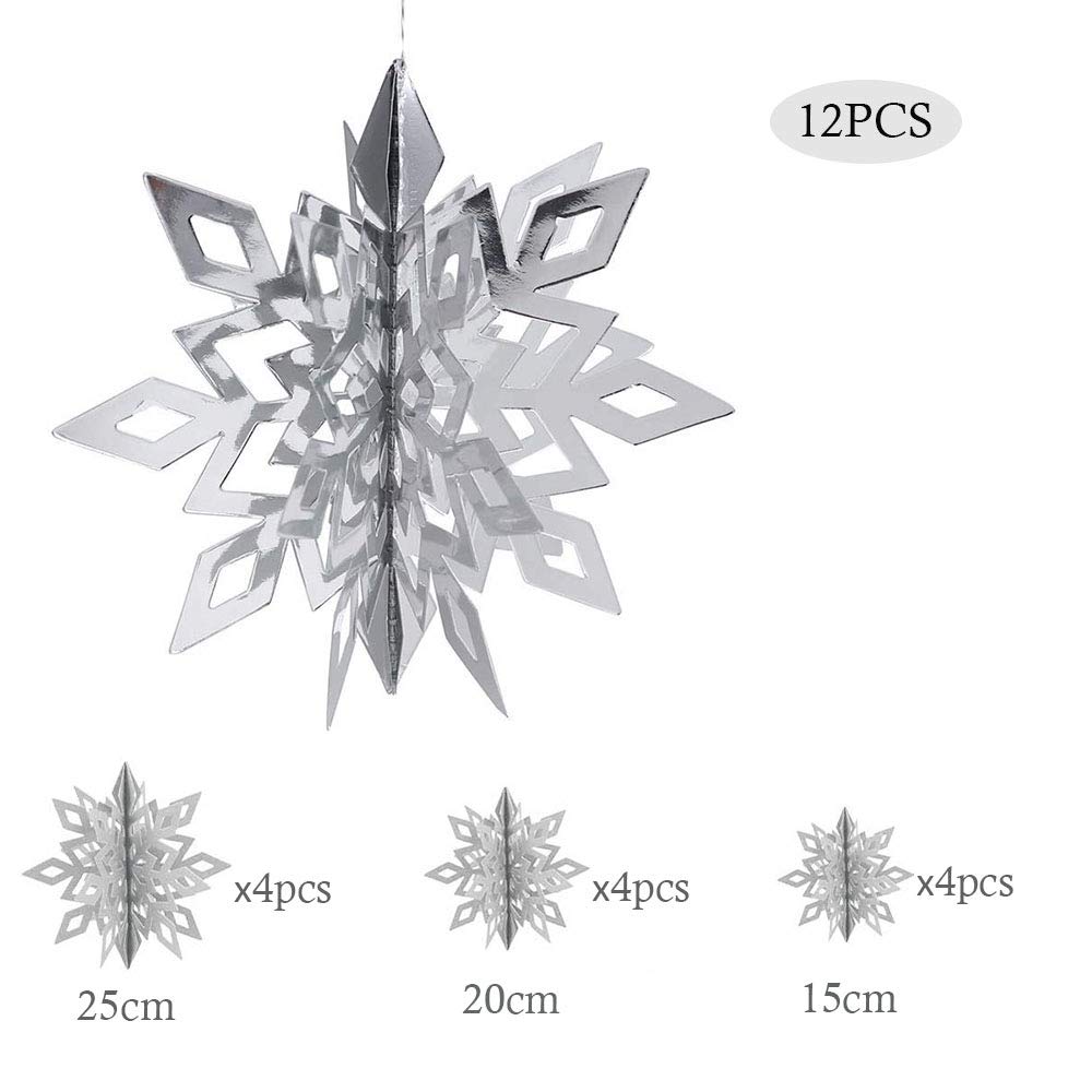 Amidaky Snowflake Decorations 12 pcs Paper Snowflake Hanging Christmas Winter Wonderland Holiday New Year Party Home Ornament Silver
