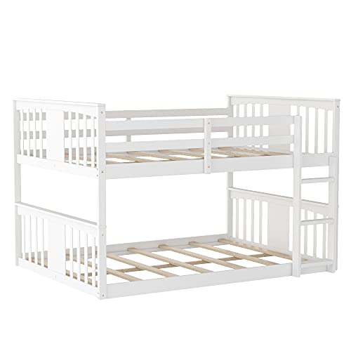 CITYLIGHT Floor Full Over Full Bunk Beds, Wooden Low Full Over Full Bunk Bed for Kids, Toddler Full Bunk Bed for Girls Boys Teens’ Bedroom or Dorm (Full,White)