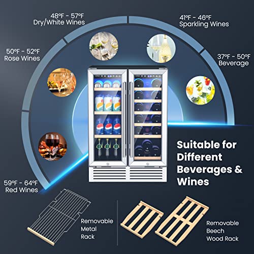 COSTWAY Wine and Beverage Refrigerator, 24 Inch Dual Zone Under Counter Wine Cooler w/Lock, 19 Bottles & 57 Cans Beverage Fridge Cooler, Built-In or Freestanding Beer Wine Fridge for Home Kitchen Bar