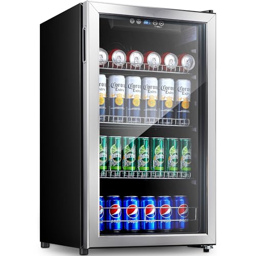 FOHERE 3.2 Cu.ft Beverage Refrigerator and Cooler - 126 Can Mini Fridge with Glass Door for Soda Beer or Wine, Freestanding Small Drink Dispenser with Adjustable Removable Shelve, for Home Office Bar