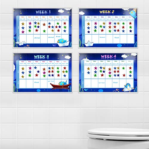 SpriteGru Potty Training Reward Chart with 4X Waterproof Weekly Charts, 6X Diploma, 600X Colorful Stars. Perfect for Multiple Toddlers’ Motivational Toilet Training (Each chart 11” X 7”)