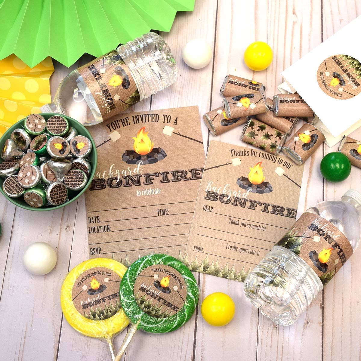 Backyard Bonfire Birthday Party Bundle Includes 20 each of Invitations & Thank You Cards with Envelopes + 2 Different Sizes of Stickers, Mini Candy Bar Wrappers, & Water Bottle Labels!