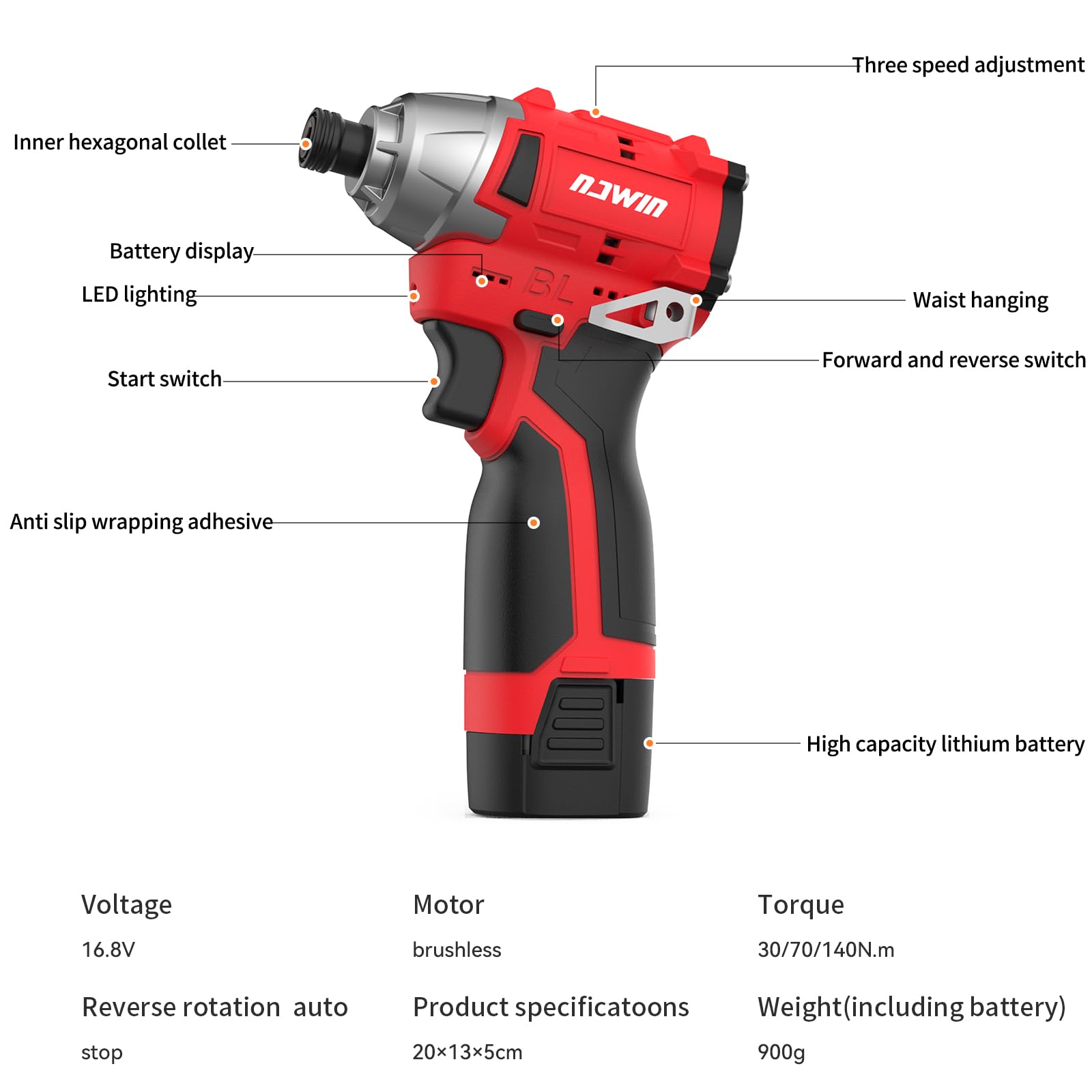 Cordless Impact Driver Kit 16.8V Max Torque 140Nm(105ft-lbs)High Rotation Electric Impact Driver Brushless Motor Continuously Variable Rechargeable 1/4" impact driver 2.0Ah Batteries