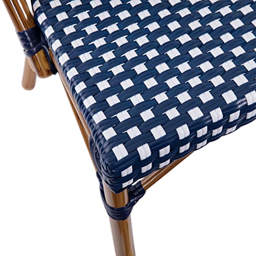 Flash Furniture Bordeaux Set of 2 Indoor/Outdoor Commercial Bistro Stack Chairs - Navy/White PE Rattan Back and Seat - Natural Bamboo Print Aluminum Frame