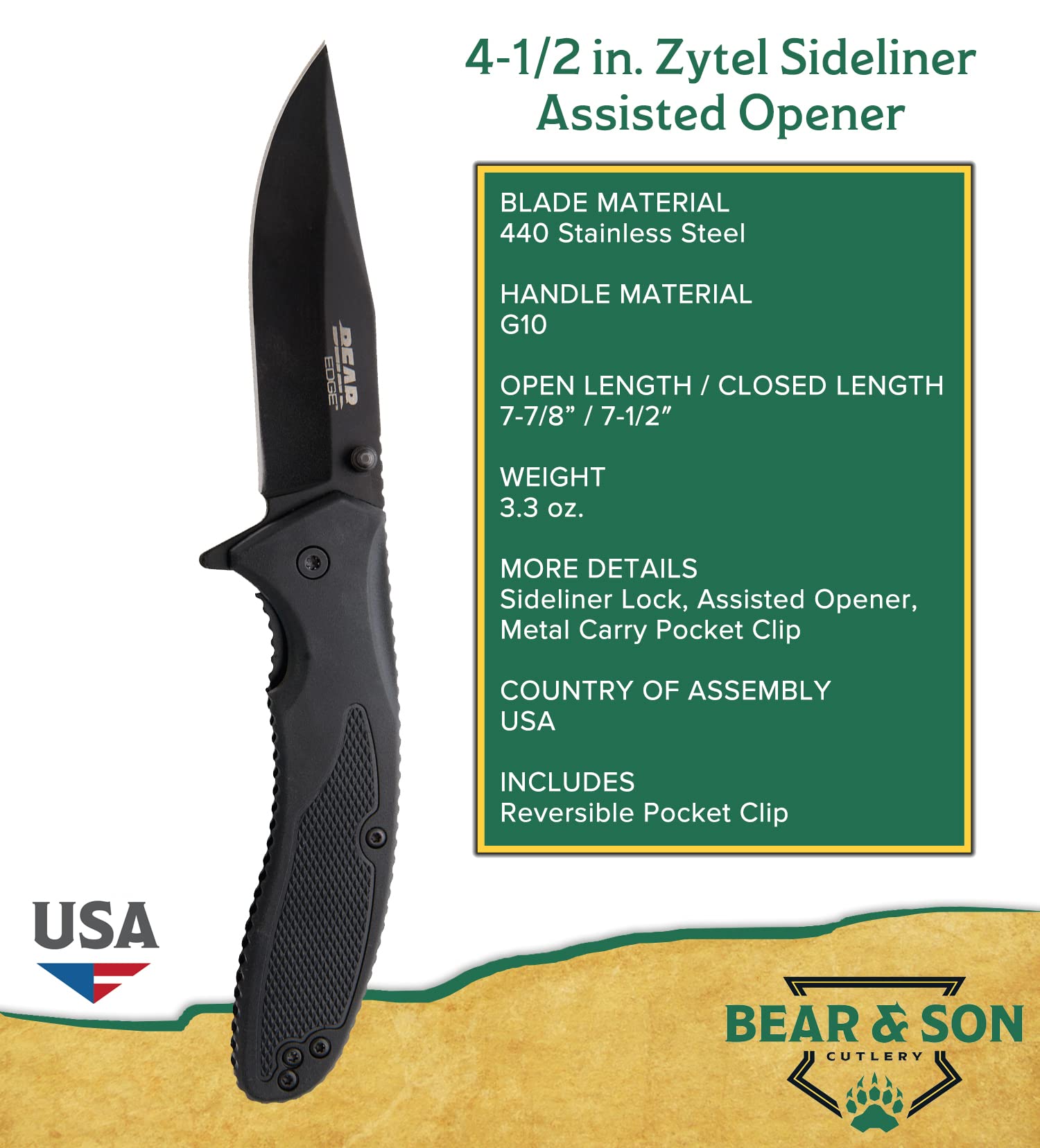 Bear Edge Zytel Sideliner, 3.5” 440 High Carbon Stainless Steel Blade, Black Zytel Handles, Assisted Opening with Reversible Pocket Clip (61106)