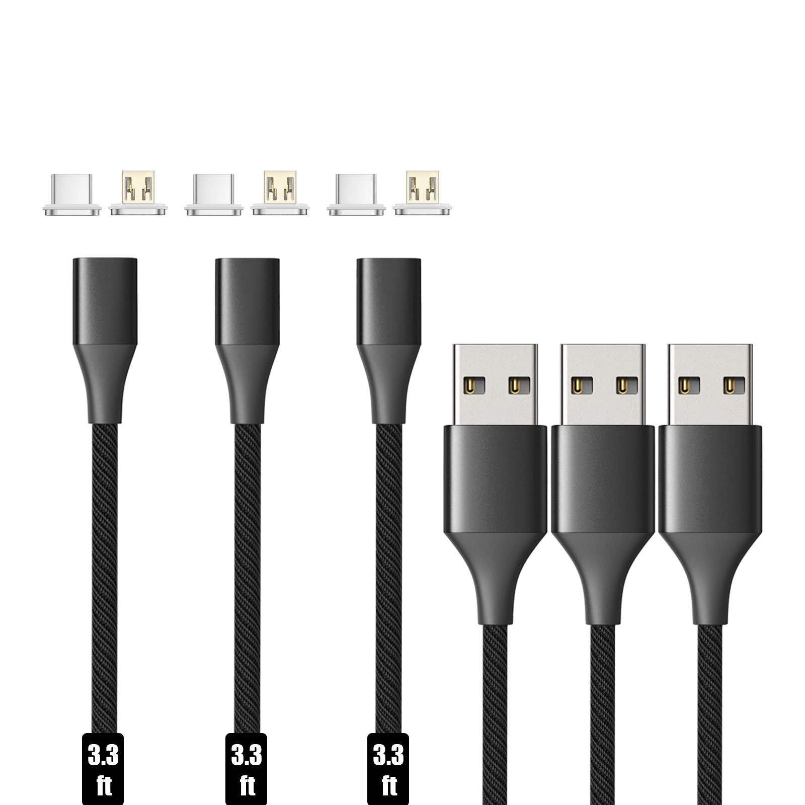 N. NETDOT Magnetic Charging Cable, Gen10 Nylon Braided 2-in-1 Magnetic Phone Charger Compatible with USB-C and Micro-USB Devices (3.3ft/3 Pack Black)