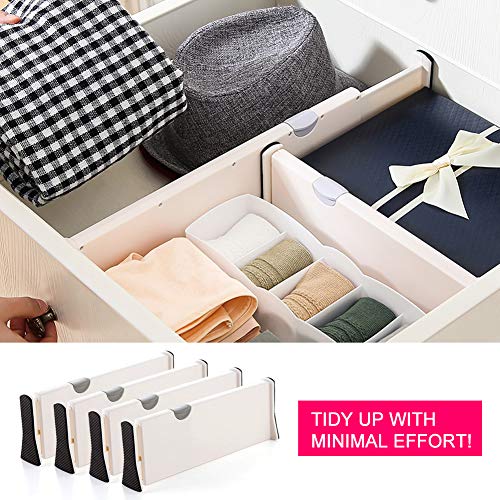 Drawer Dividers Organizer 9 Pack, Adjustable Separators 4" High Expandable from 14.9-21" for Bedroom, Bathroom, Closet, Clothing, Office, Kitchen Storage, Strong Secure Hold, Foam Ends, Locks in Place