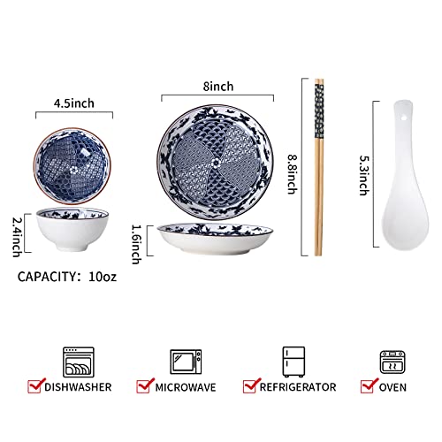 Binvertaocier 14-Piece Porcelain Asian Bowls Set with Spoons Rice Bowls with Chopsticks 10 Oz Bowls,Small Soup Bowls,Asian Plates and Bowls Set, (Vintage blue)