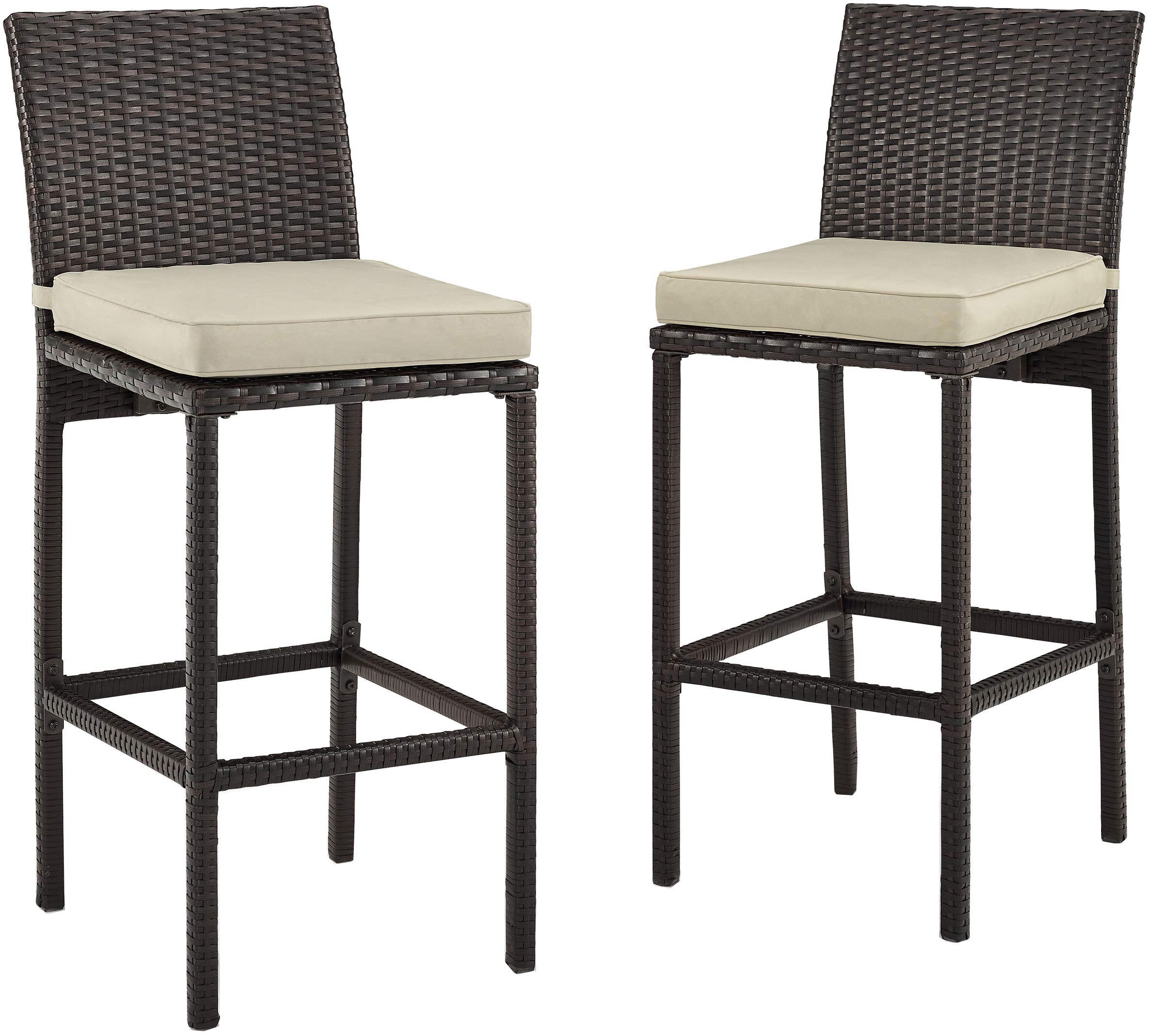 Crosley Furniture Palm Harbor Wicker Outdoor Bar Stools, Set of 2, Patio Furniture for Backyard, Balcony, Brown with Sand Cushion