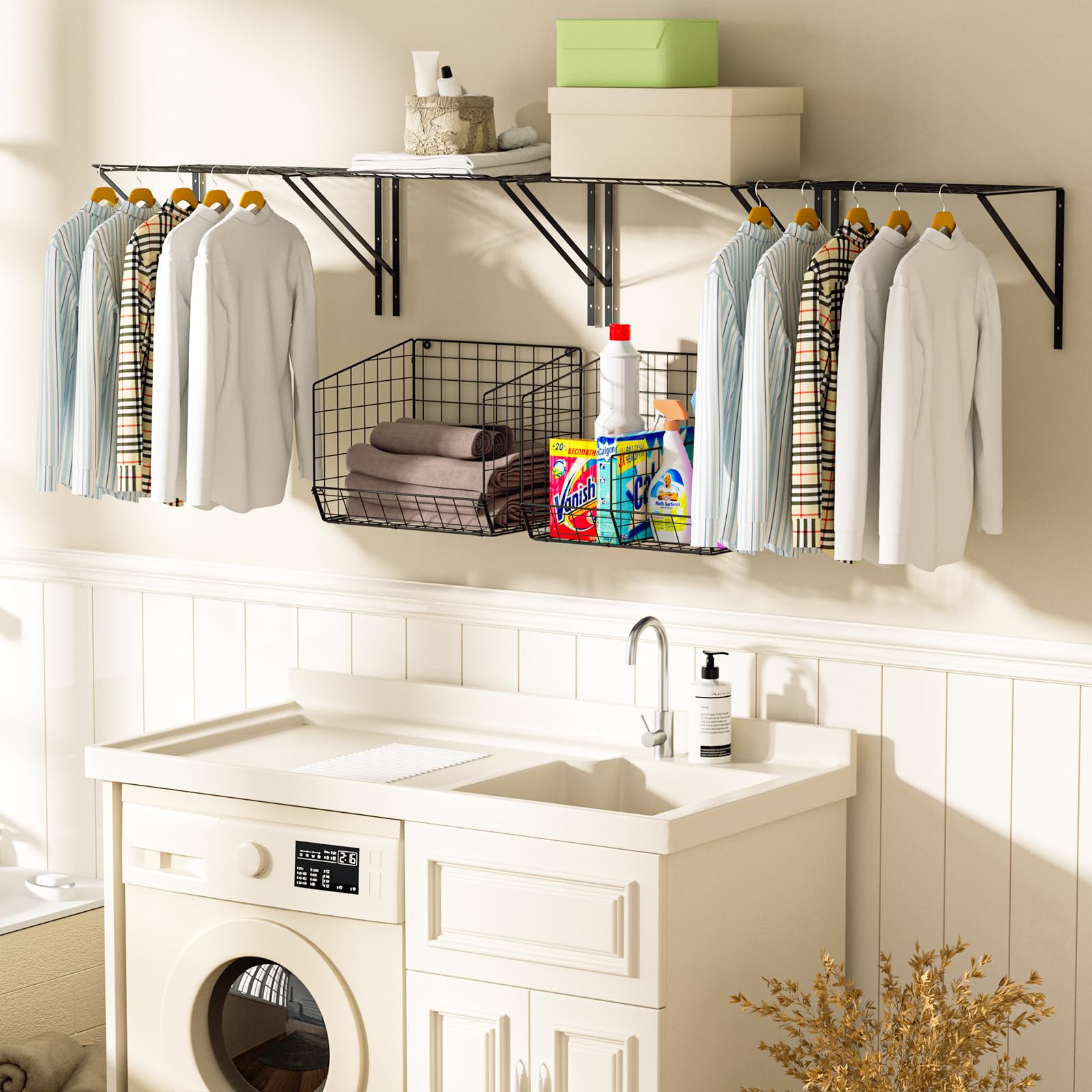 AUATRONNE 4 Pack Laundry Room Shelves Wall Mounted with Wire Baskets, Over Washer and Dryer Shelf, Laundry Room Organizer and Storage with 2 Removable Dividers -Black
