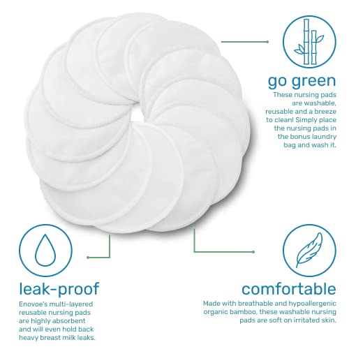 Enovoe Organic Bamboo Breastfeeding Pads (12 Pack) with Laundry Bag - Reusable Nipple Pads for Breastfeeding are Super Soft, Machine Washable and Hypoallergenic - Nursing Pads Disposable - White