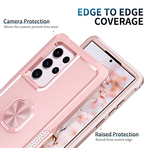 Bizzib for Samsung Galaxy S23 Ultra Case Heavy Duty Full Body Shockproof Kickstand With 360° Ring Holder Support Car Mount Hybrid Bumper Silicone Hard Back Cover with 2 Pack HD Len Protector Rose Gold