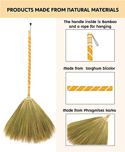 Asian Straw Broom Thai for Cleaning Floor,Housewarming Gift,Thai Vintage Retro Grass Broom Stick, Hardwood Sweeper with Brush Power and Circle Cleaning ( Length 40 inch )