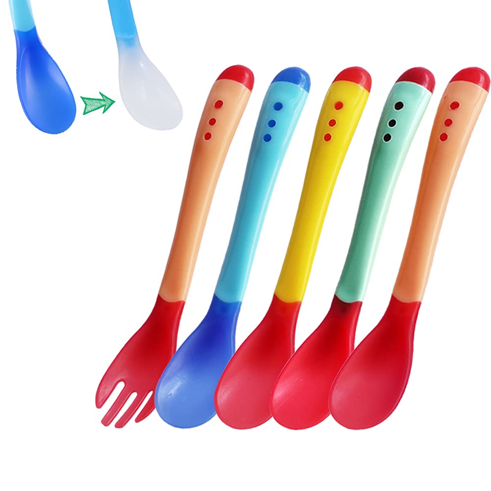Maberry Baby Spoons and Forks Feeding Set, 5 Pack Soft Silicone Tip Heat Sensitive Toddler Utensils First Stage for Self Feeding, BPA Free Baby Dishes, Baby Heat Spoon Kit Multi Color Infant Spoons