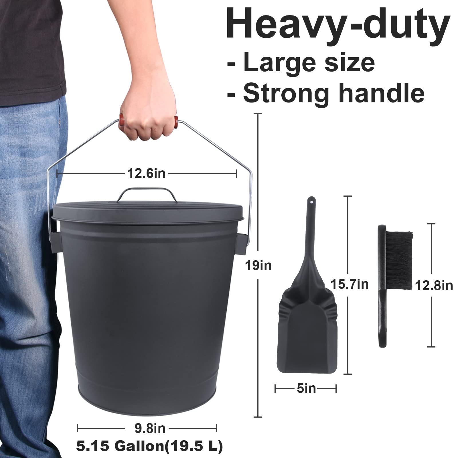 Ash Bucket with Lid and Shovel Hand Broom, 5.15 Gallon Large Galvanized Iron Metal Fireplace Tools Ash Pail for Fire Places Fire Pits Wood Burning Stoves Hearth Accessories Indoor Outdoor, Black