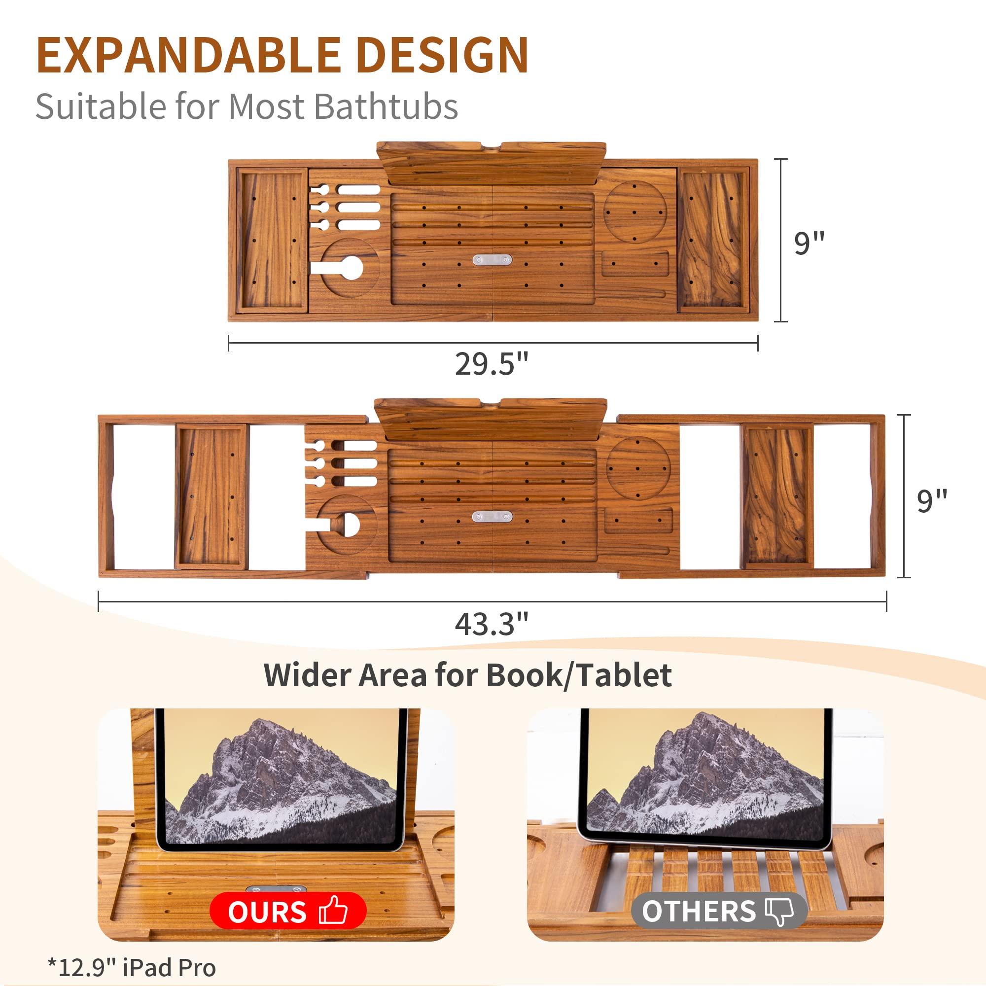 Axeman Teak Bathtub Tray - Bathtub Caddy for Luxury Bath Foldable Bath Tray Bath Tub Accessories with Expandable Handles Wine Glass Phone Holder Book Stand for Home Spa Relaxing and Reading,Natural