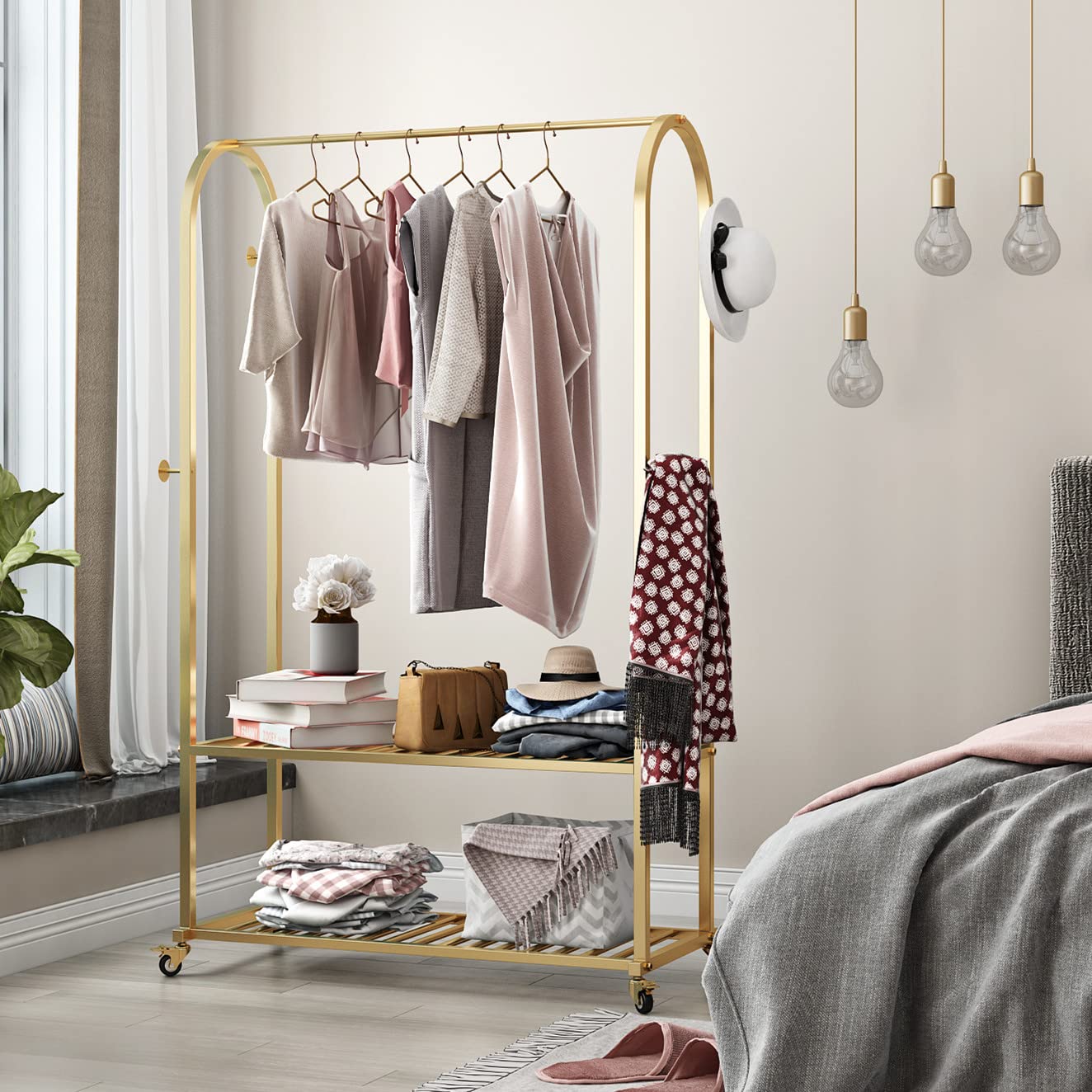 Gold Clothing Rack on Wheels Modern Display Rack with 2-tier Shelf Metal Hanging Rack Gold Clothes Rack for Boutique, Retail or Home (gold)