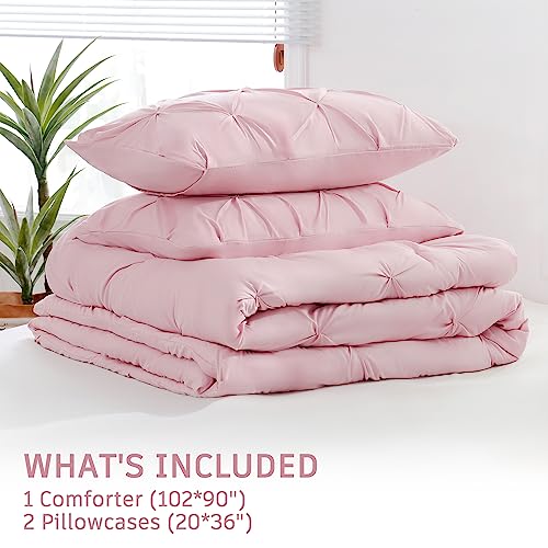 DOWNCOOL King Size Comforter Set - Pintuck Bedding Comforter Sets, 3-Piece Set, 1 Pinch Pleated Comforter and 2 Pillowcases, Soft Bedding Comforters & Sets for All Season, Pink Comforter King Size