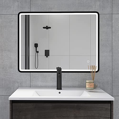 AMOCID Wall Mount Mirror for Bathroom with Lights 32 x 24 inch Rectangular Black Framed Wall-Mount Anti-Fog LED Light Bathroom Vanity Mirror Vertical or Horizontal
