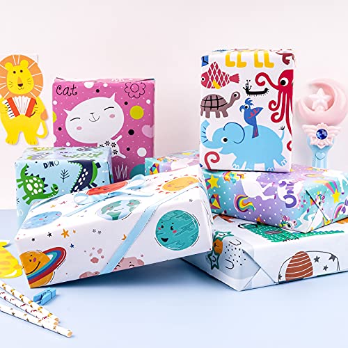 BIOBROWN Blue Wrapping Paper Sheet FoldedĀ Flat 6 Different Adorable Animal Design (45.2 sq ft.TTL) 27.5 inch X 39.4 inch Per Sheet
