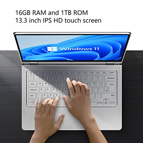 AMONIDA 13.3 Inch Laptop Fingerprint Reader 100-240V IPS Touch Screen 2.4G 5G WiFi 360 Degree Convertible Laptop for Work (16+1TB US Plug)