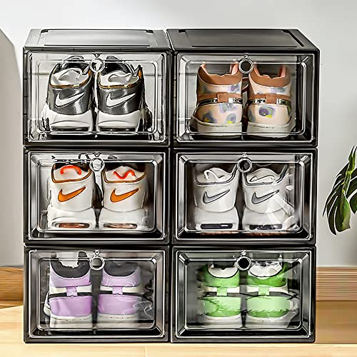 BYFU Shoe Box Drop Front Set of 6, Plastic Stackable Shoe Storage Boxes with Lids, Sneaker Display Case Shoe Organizer Bins for Closet, Easy Assembly (Dark Grey)
