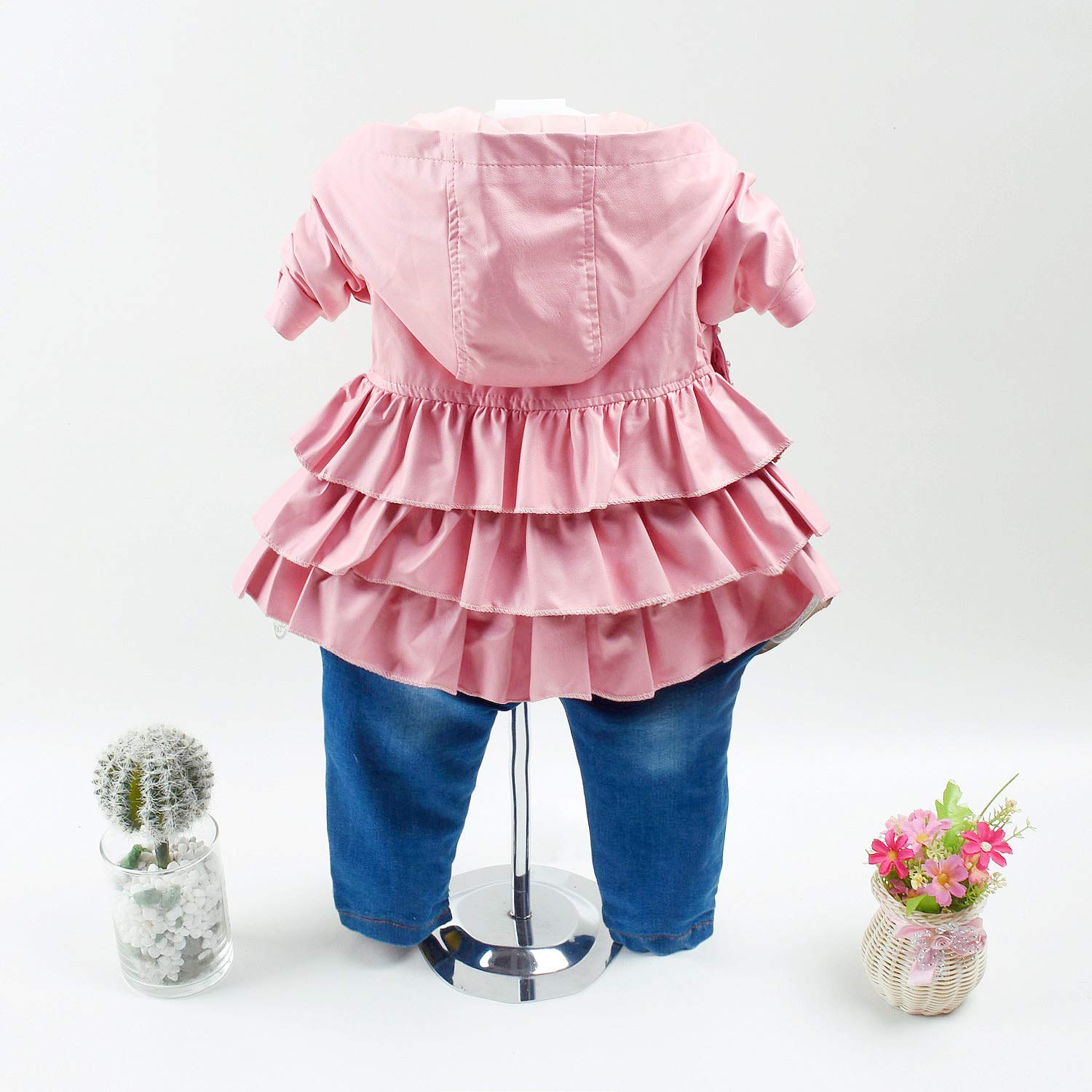 Peacolate 6M-4Y Baby Little Girls 3pcs Outfits Leather Hoodie Jacket Lace T-Shirt Denim Jeans(6-12M,Pink)