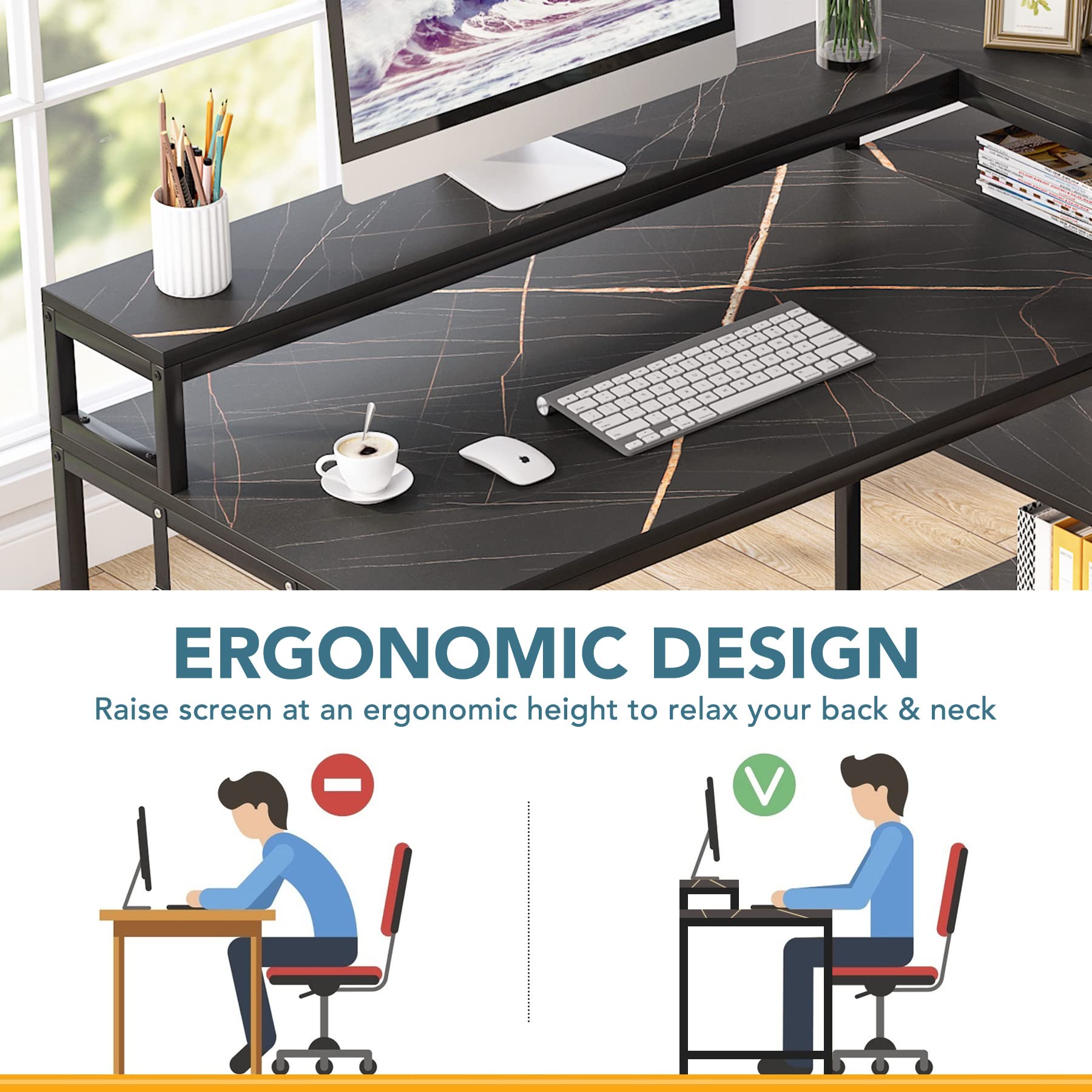 Tribesigns 53 Inch Reversible L Shaped Desk with Storage Shelf, Modern Black Marble Corner Desk with Shelves and Monitor Stand, Gaming Desk for Home Office (53" D x 41" W)