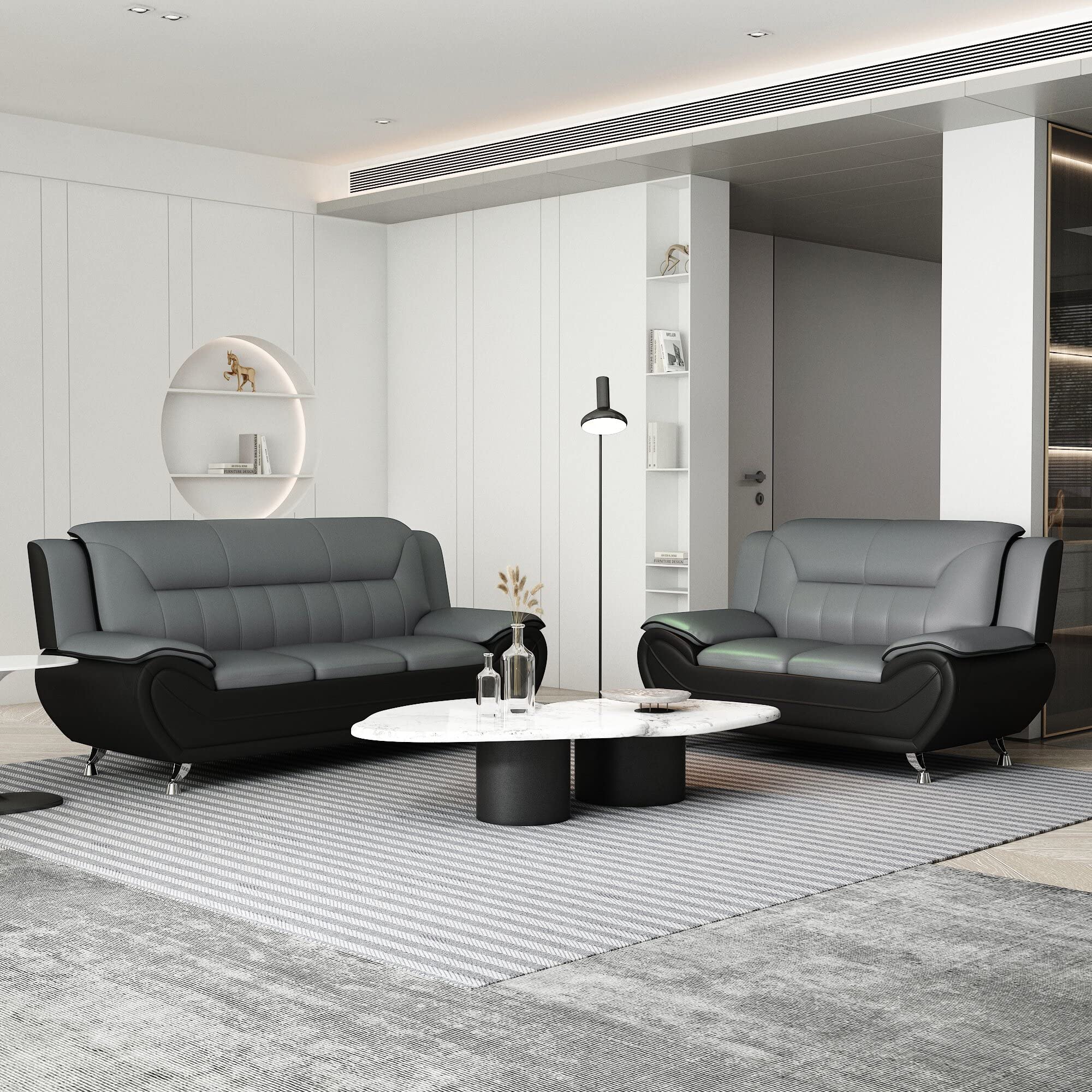 Container Furniture Direct Modern Style Faux Leather Sofa with Extra Comfortable Pillow Top Armrests Ideal for Living Room, Bedroom or Home Office Couch, 79.2ββ Wide, Grey/Black