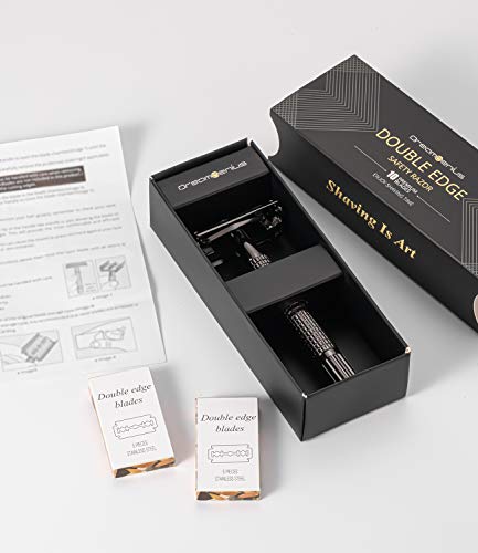 DreamGenius Double Edge Safety Razor, Long Handle Butterfly Open Razors for Men or Women,Single Blade Shaving Razor with 10 Stainless Steel,Double Edge Safety Razor Blades