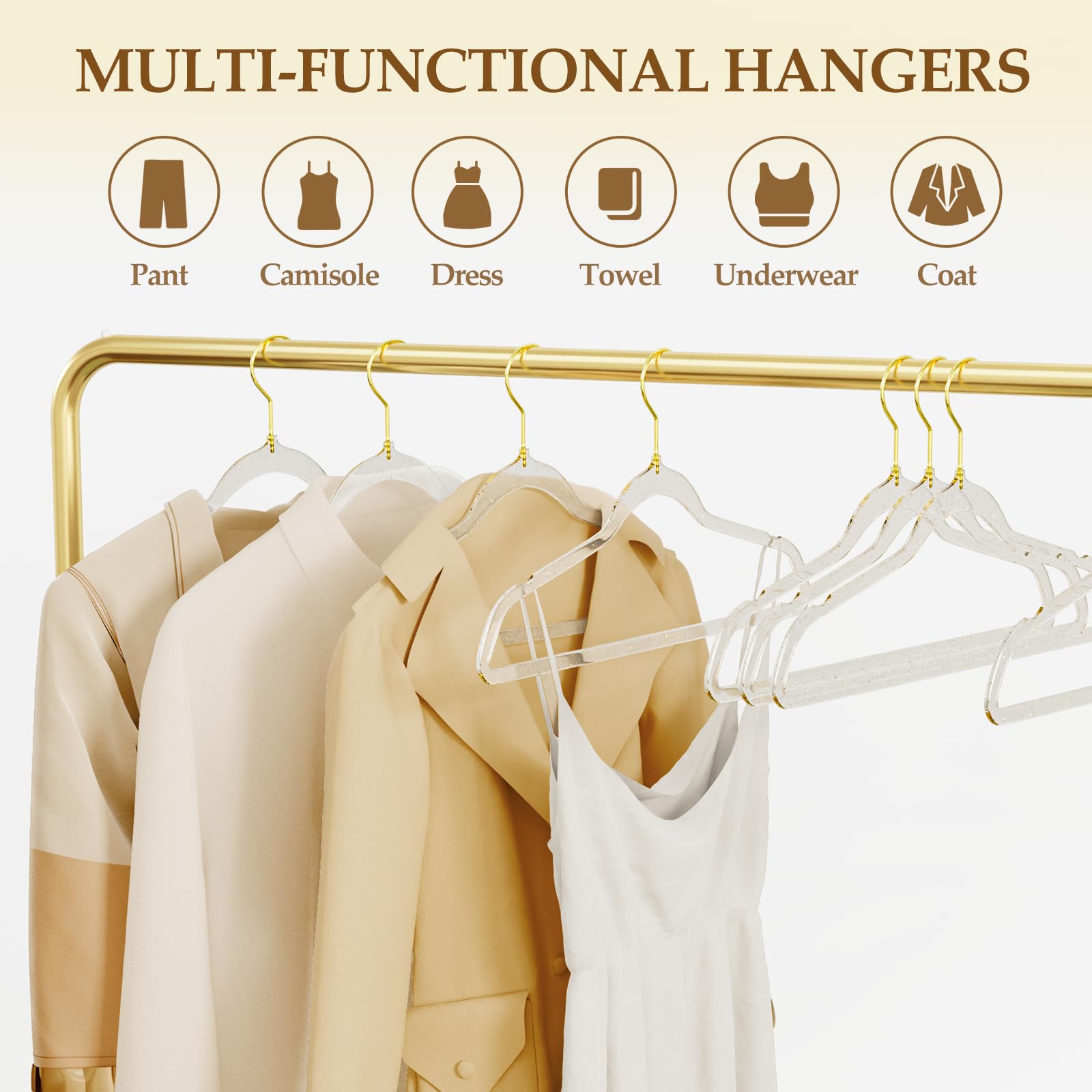 UEAKPIC 50 Pack Clear Plastic Hangers with Gold Glitter, Acrylic Hangers Ultra Slim & Space Saving Suit Hangers for Coats, Pants & Dress Clothes