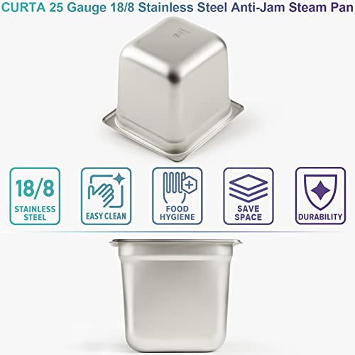 CURTA 6 Pack Anti-Jam Hotel Pans with Lids, 1/6 Size 6 Inch Deep, NSF Commercial 18/8 Stainless Steel Chafing Steam Table Food Pan with Covers