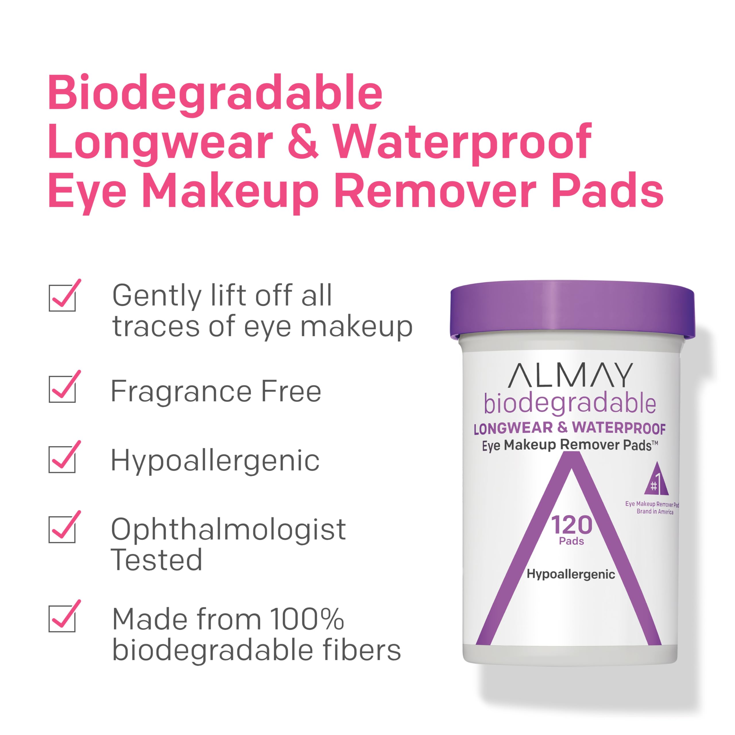 Almay Biodegradable Makeup Remover Pads, Longwear & Waterproof, Hypoallergenic, Fragrance-Free, Dermatologist & Ophthalmologist Tested, 120 count (Pack of 1)