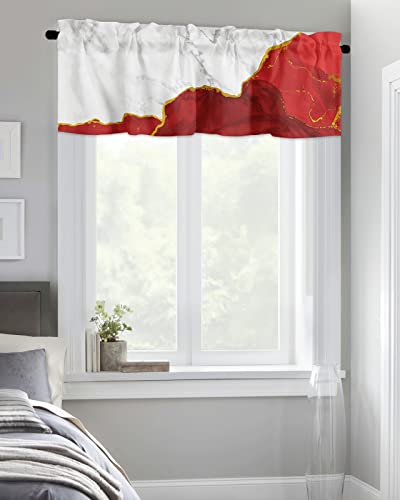 Curtain Valance for Windows Red White Gradient Marble Gold Edge Kitchen Valances Rod Pocket Short Curtains,Simple Abstract Art Window Treatment Panel for Living Room Bathroom Bedroom 60x18in