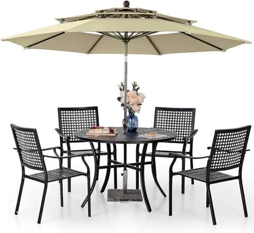 PHI VILLA 5 Pieces Patio Dining Set for 4 with 10ft Patio Umbrella, Metal Patio Circle Table Outdoor Stackable Wrought Iron Chair Set of 4 & 42" Large Round Dining Table,3 Tier Vented Beige Umbrella