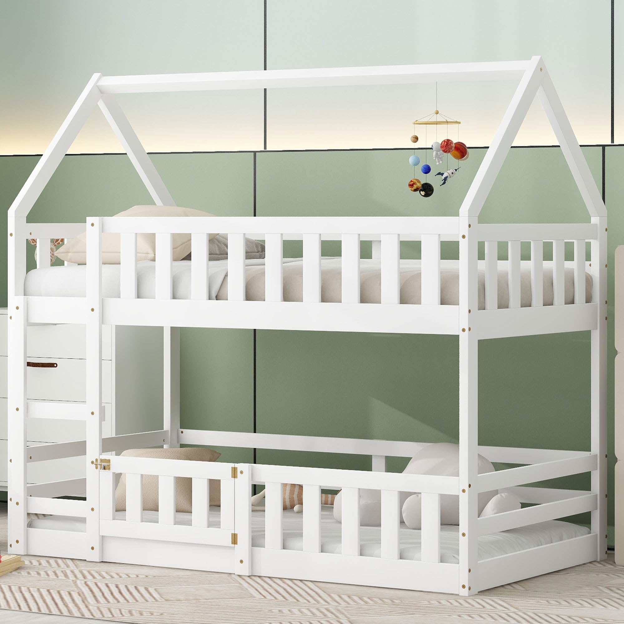 SOFTSEA Twin Over Twin House Bunk Bed, Floor Low Bunk Bed with Fence and Door, Wood Bunk Bed Frame with Guardrails and Ladder, Twin Size House Shaped Bunk Bed for Kids, No Box Spring Needed, White