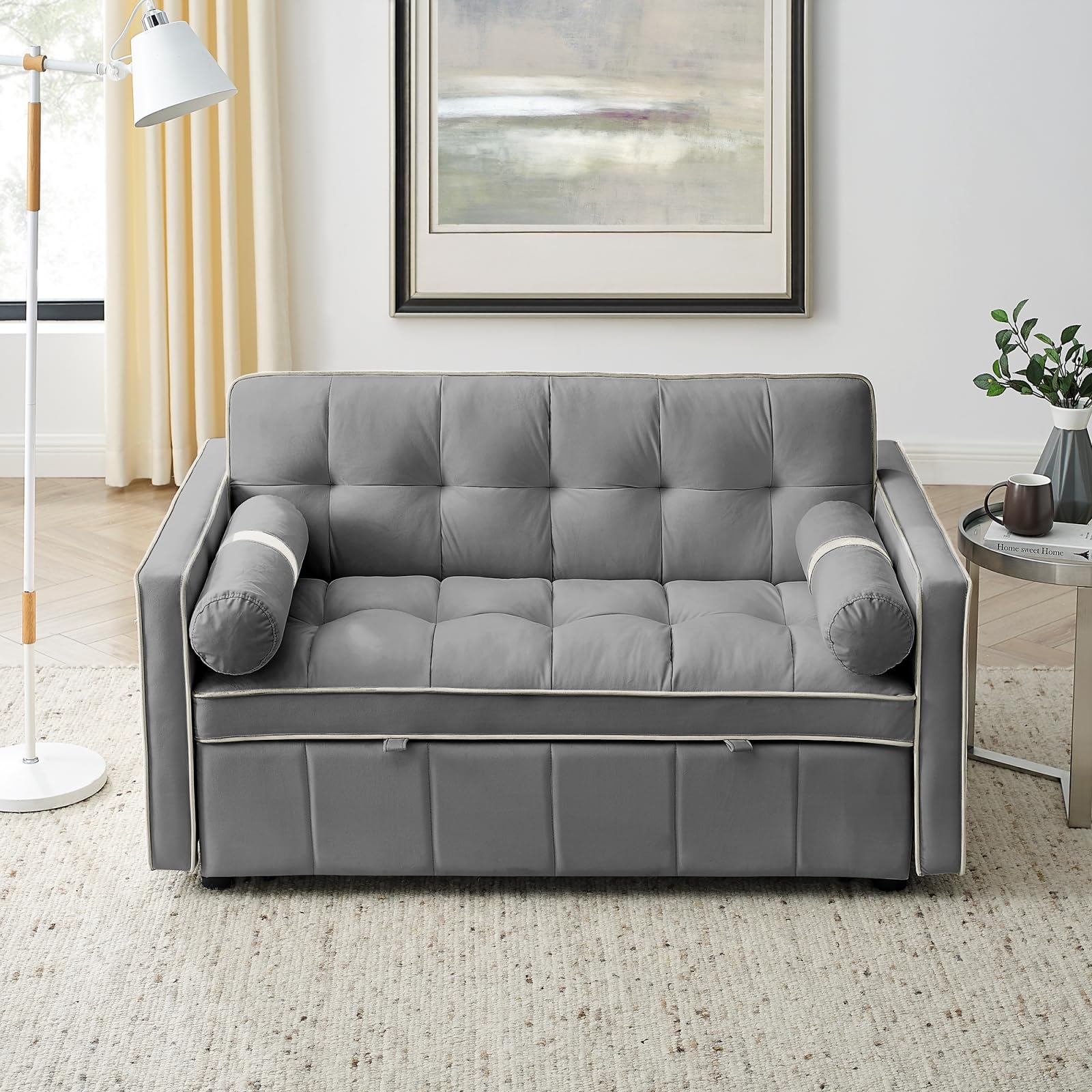 AUGOP 3 in 1 Convertible Sleeper Couch Bed,Modern Pullout Couch Pull Out Bed,Adjustable Backrest,Two Cylindrical Pillows,Multi-Pockets,Loveseat Futon Sofa for Living Room Furniture (Grey, Style A)