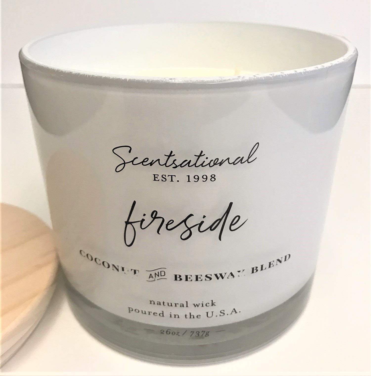 Scentsational Candle Co. Natural Coconut Beeswax Blend Scented Candle Fireside XL Glossy White Jar with Wooden Lid, 26 Oz. White, Black S_FS_C_XL