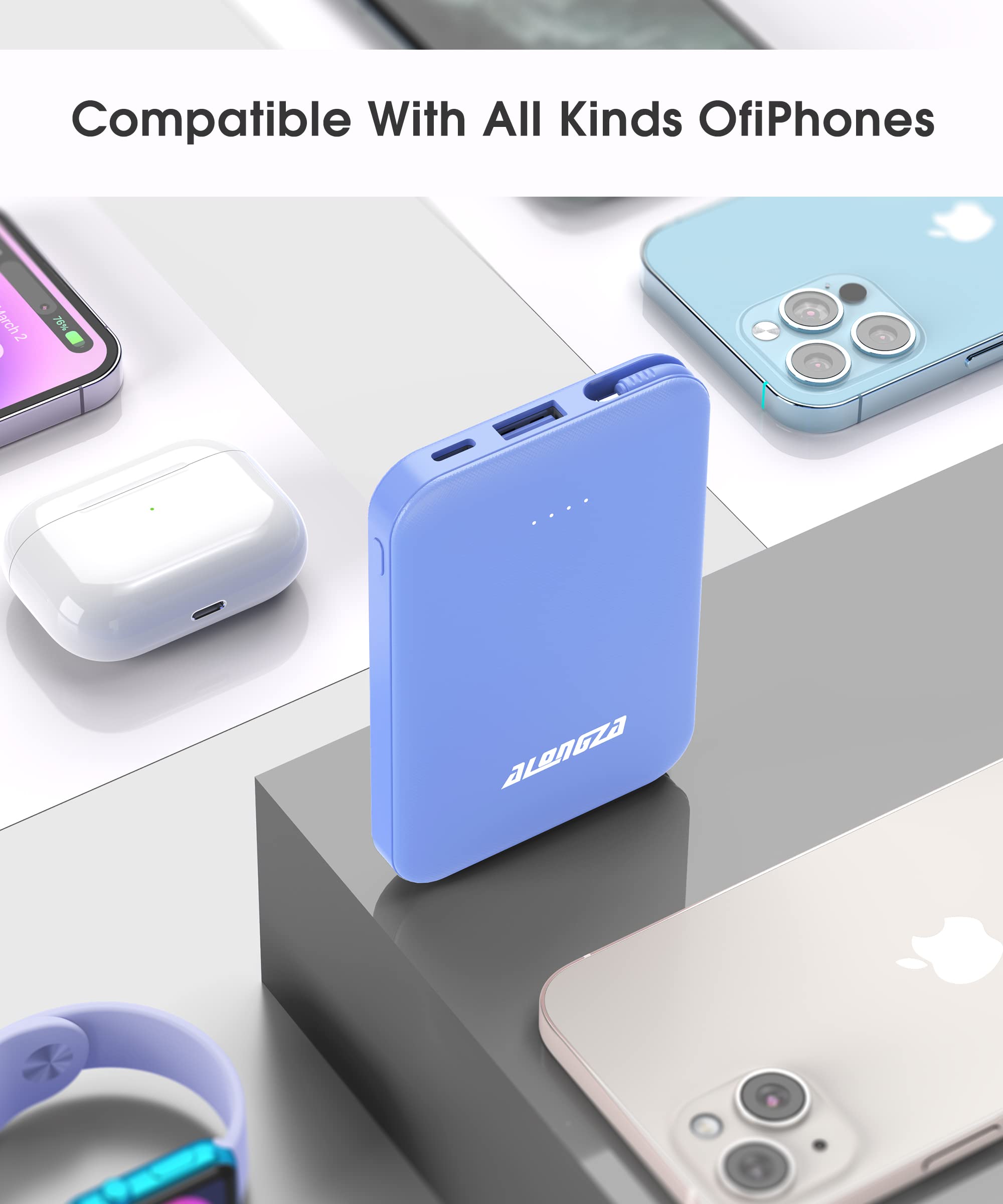 Alongza 3 Packs Portable Phone Charger with Built in Cable 4500mAh(2 Pack),10000mAh SLIN Power Bank Attached Cords, Battery Pack Fast Charging for iPhones and Androids