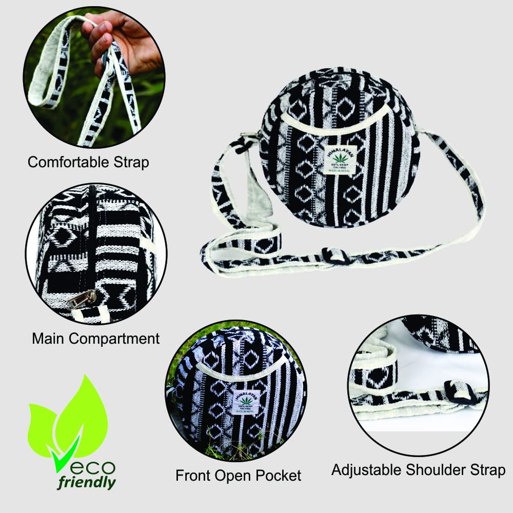 Handmade Circle Crossbody Purse Handbag Boho Zipper Shoulder Bag Round Cell Phone Purse (Black White)