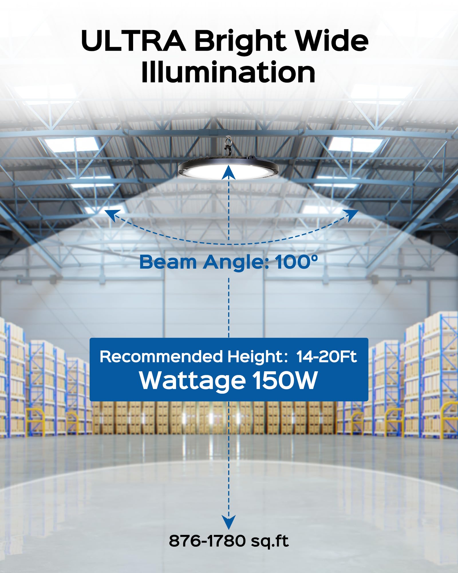 JACKYLED LED High Bay Light 150W Garage Light, 21,000LM 5000K with US Plug Shop Light,UFO High Bay Light with 6ft Cable for Gym Workshop Factory Warehouse Barn (Pack of 4)
