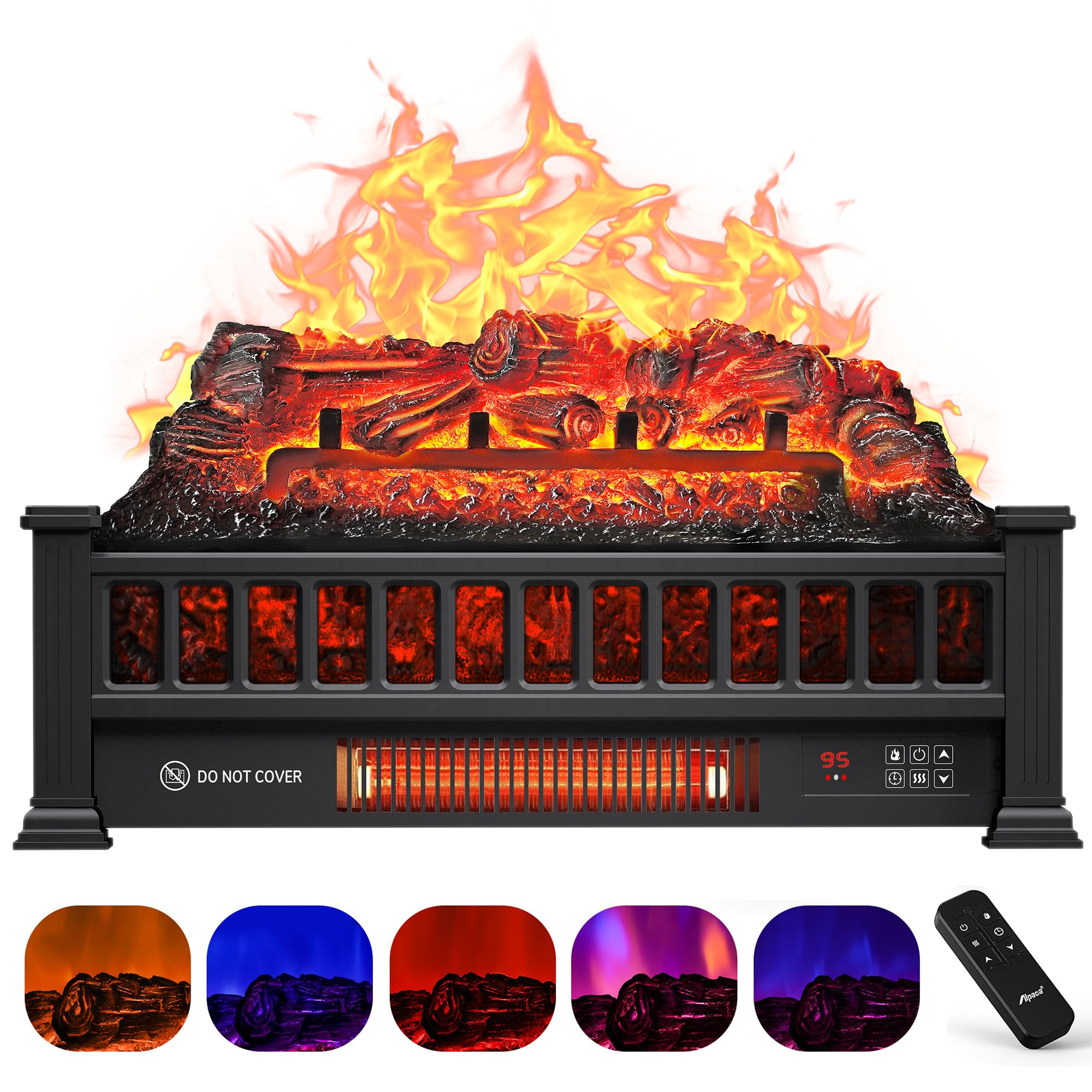 Alpaca Electric Fireplace Logs 20-Inch, Remote Controller Fireplace Insert Log Heater, Adjustable Flame Colors, Realistic Fake firewood Flame, Overheat Protection, Timer, Thermostat, 1500W Black