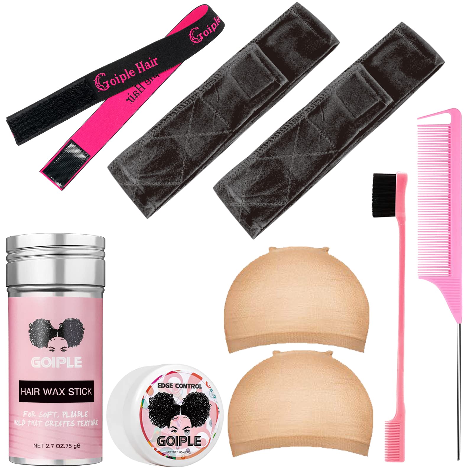 9 PCS Wig Accessory Kit - Lace Front Wig Sticks, Elastic Bands, Grip Bands, Caps, Edge Control Wax, Brush & Comb for Natural Hair Styling (Black)