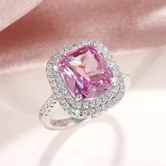 925 Sterling Silver Squer Rings for Women & Girls,Engagement Wedding Band Jewelry | Pink Cushion Cut Diamond Ring (10)