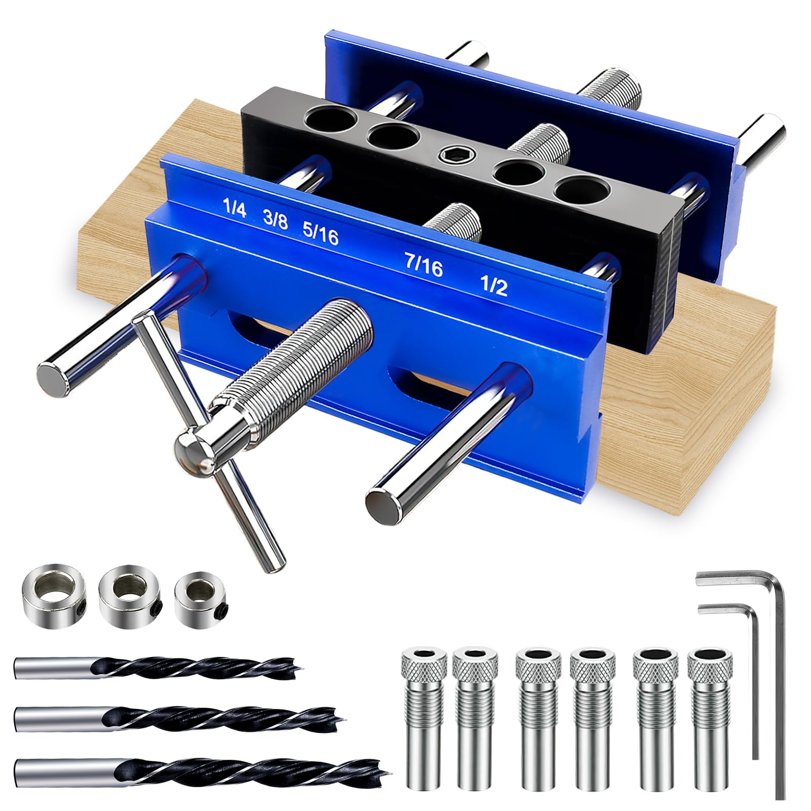 6.7 Inch Self Centering Dowel Jig, Self Centering Doweling Jig Kit with 6 Drill Guide Bushings & 3 Drill Bits, Adjustable Width Dowel Jig Kit Woodworking Tools for Straight Holes Biscuit Joiner Set
