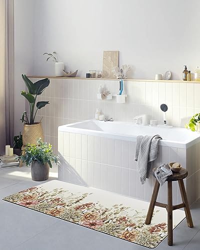 Country Eucalyptus Flowers Bath Mat for Tub,Non Slip Bathroom Floor Runner Rug Quick Dry & Absorbent Diatomaceous Earth Shower Sink Kitchen Doormat,Fall Farmhouse Leaves Rose Dahlia Floral 18"x47"