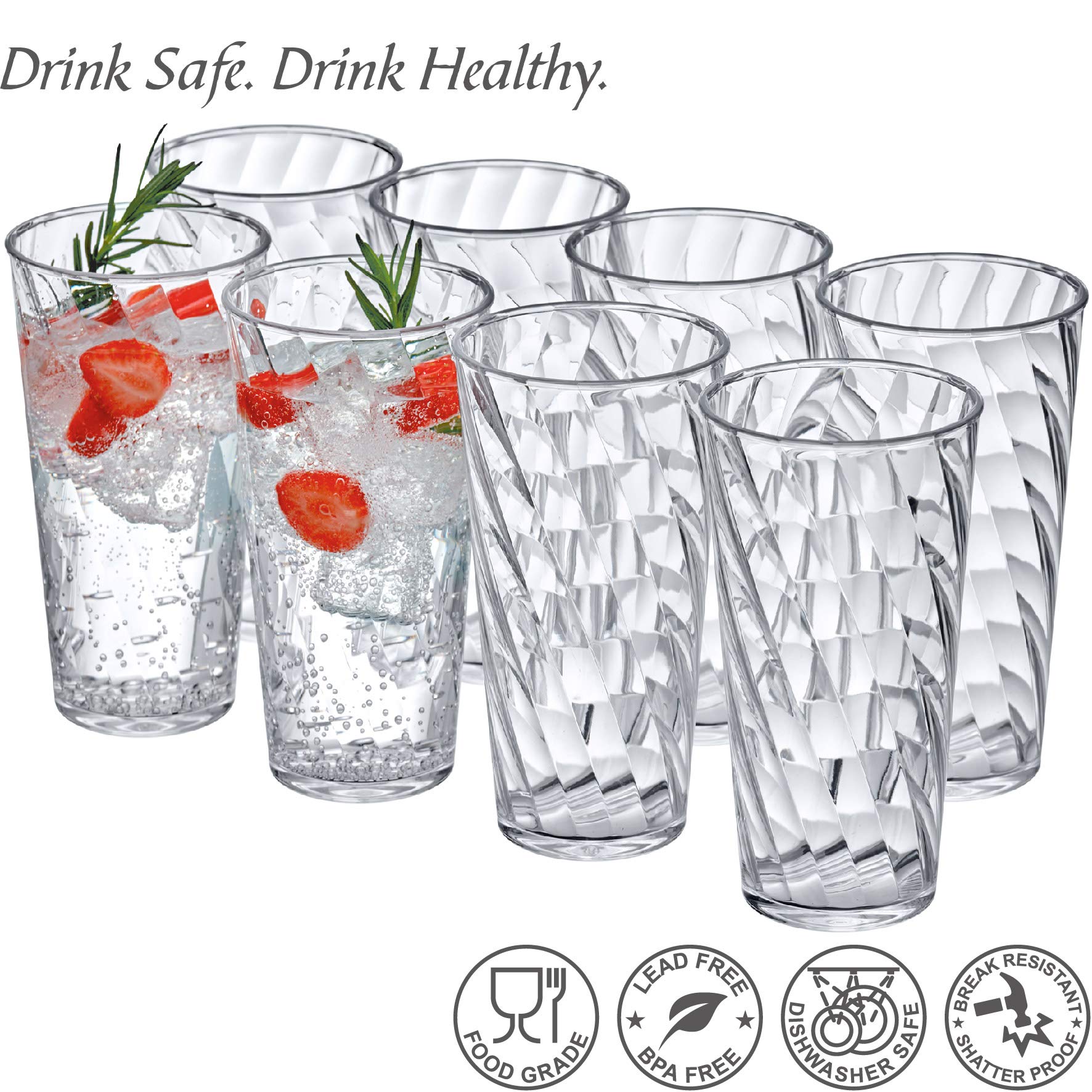 Amazing Abby - Glacier - 18-Ounce Plastic Tumblers (Set of 8), Plastic Drinking Glasses, All-Clear Reusable Plastic Cups, Stackable, BPA-Free, Shatter-Proof, Dishwasher-Safe